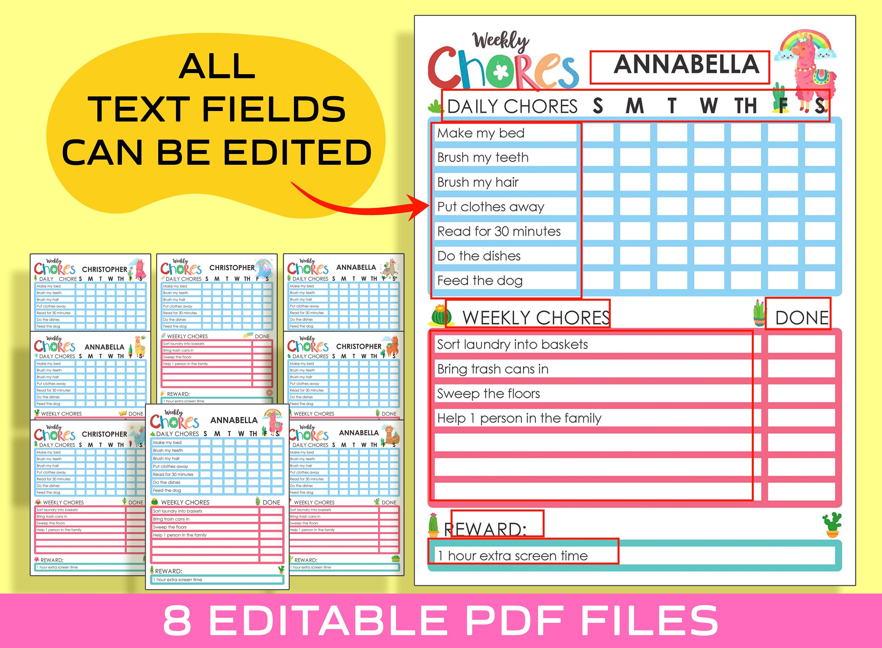 Llama-themed Chore Chart for Kids: Printable/editable Responsibility ...