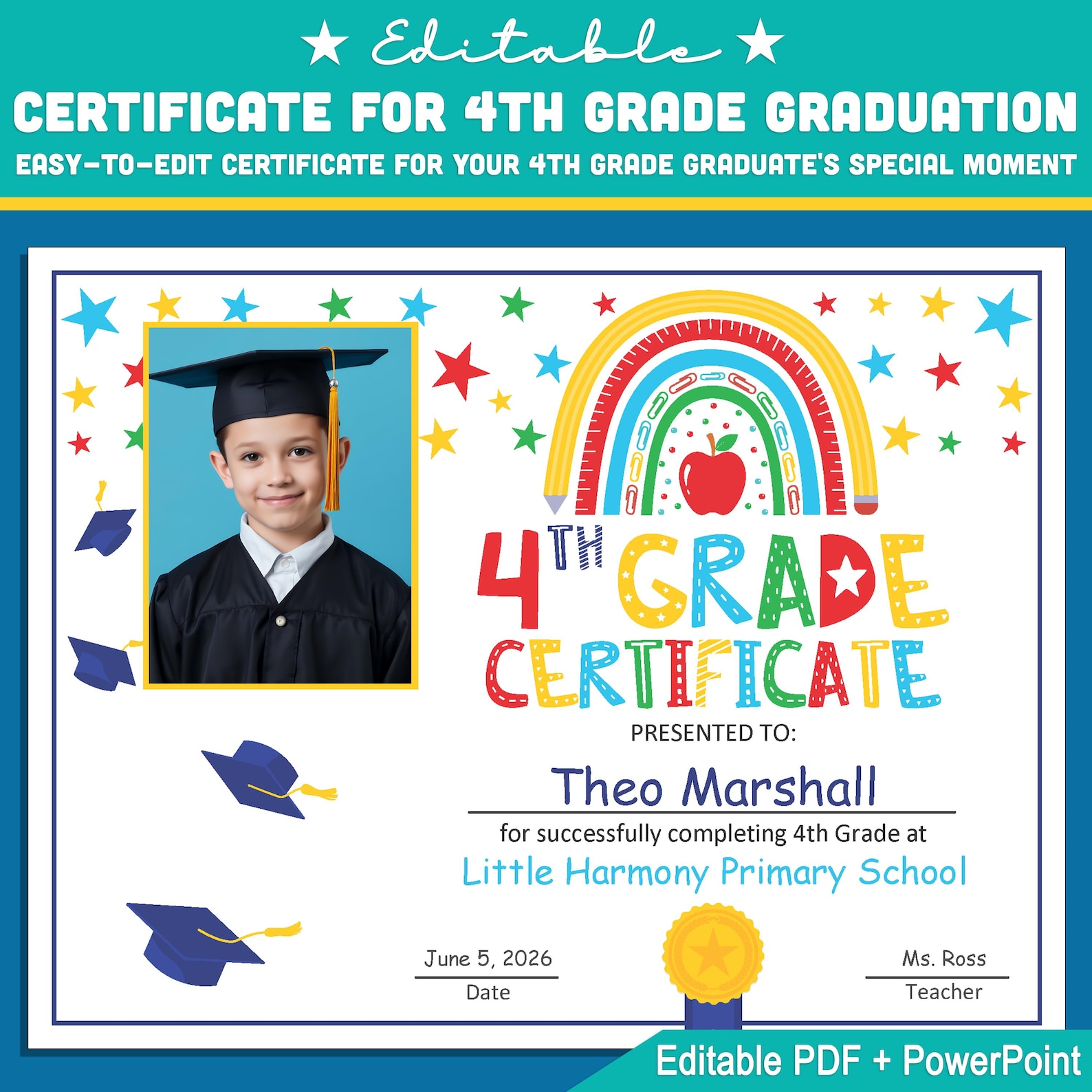Editable 4th Grade Certificate Template With Photo: 8.5x11 PDF ...
