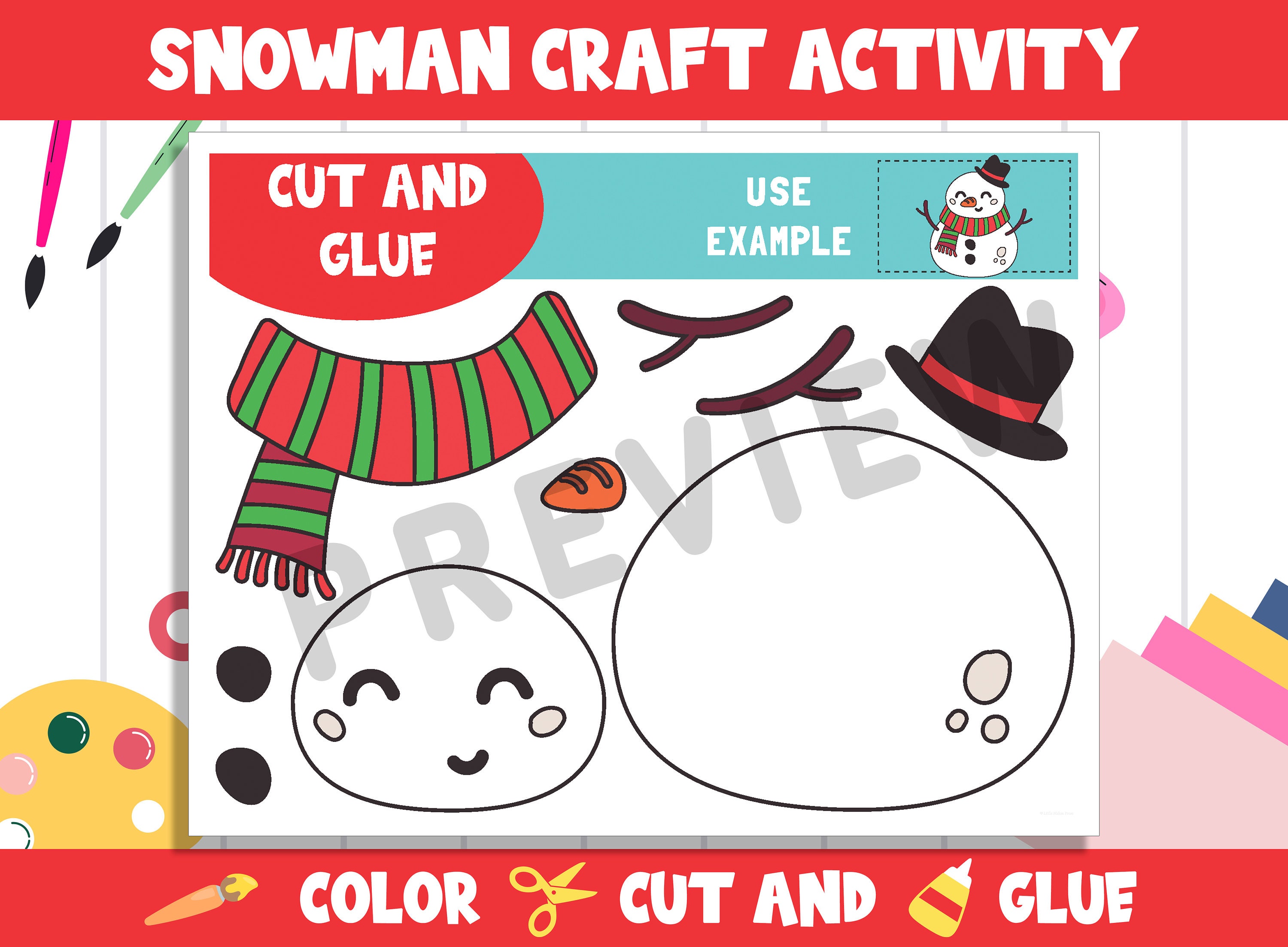 Snowman Craft Activity Color, Cut, and Glue for Prek to 2nd Grade, PDF ...