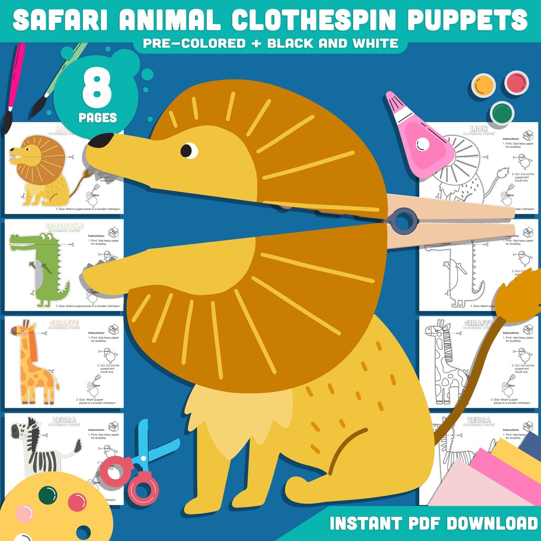 Safari Animal Clothespin Puppets for Kids: 8 Pages, 4 Unique Designs ...