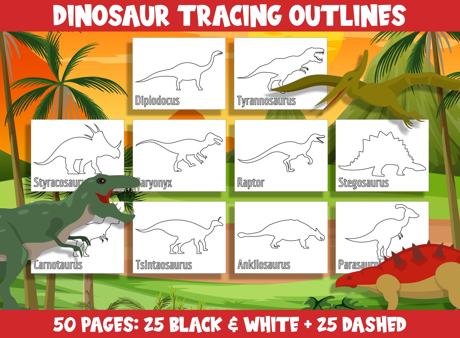 Printable Dinosaur Outline, 25 Blank black & White 25 Dashed Tracing Outlines Clipart Set ...