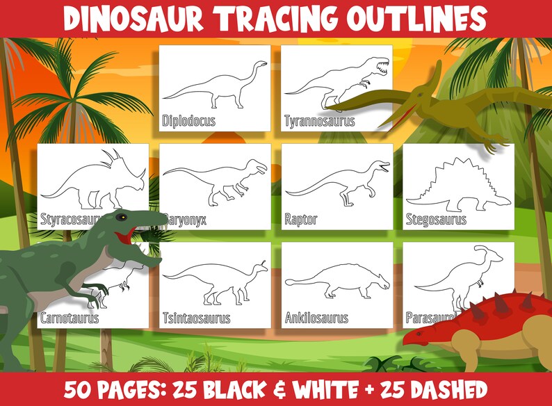Printable Dinosaur Outline, 25 Blank black & White 25 Dashed Tracing Outlines Clipart Set ...