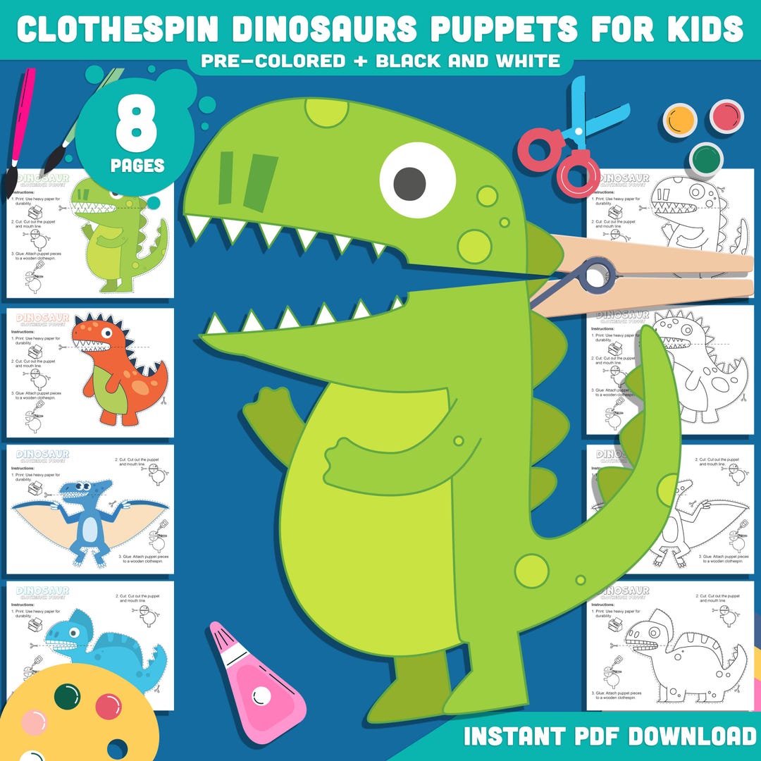 Clothespin Dinosaur Puppets for Kids, 8-page Craft With 4 Designs, Pre ...