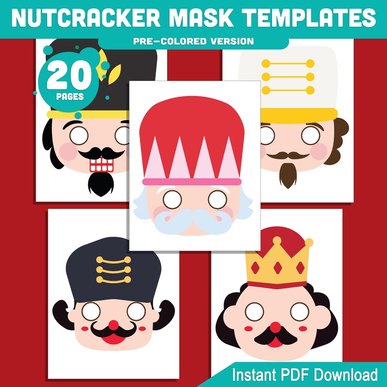Printable Nutcracker Mask Templates: 10 Designs, Pre-colored +black ...