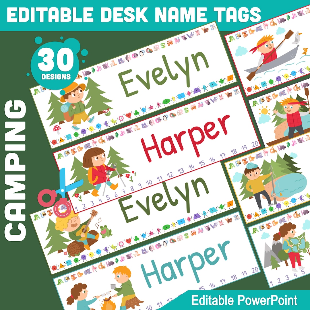 Camping Desk Name Tags for Students – 30 Editable Designs With Alphabet ...