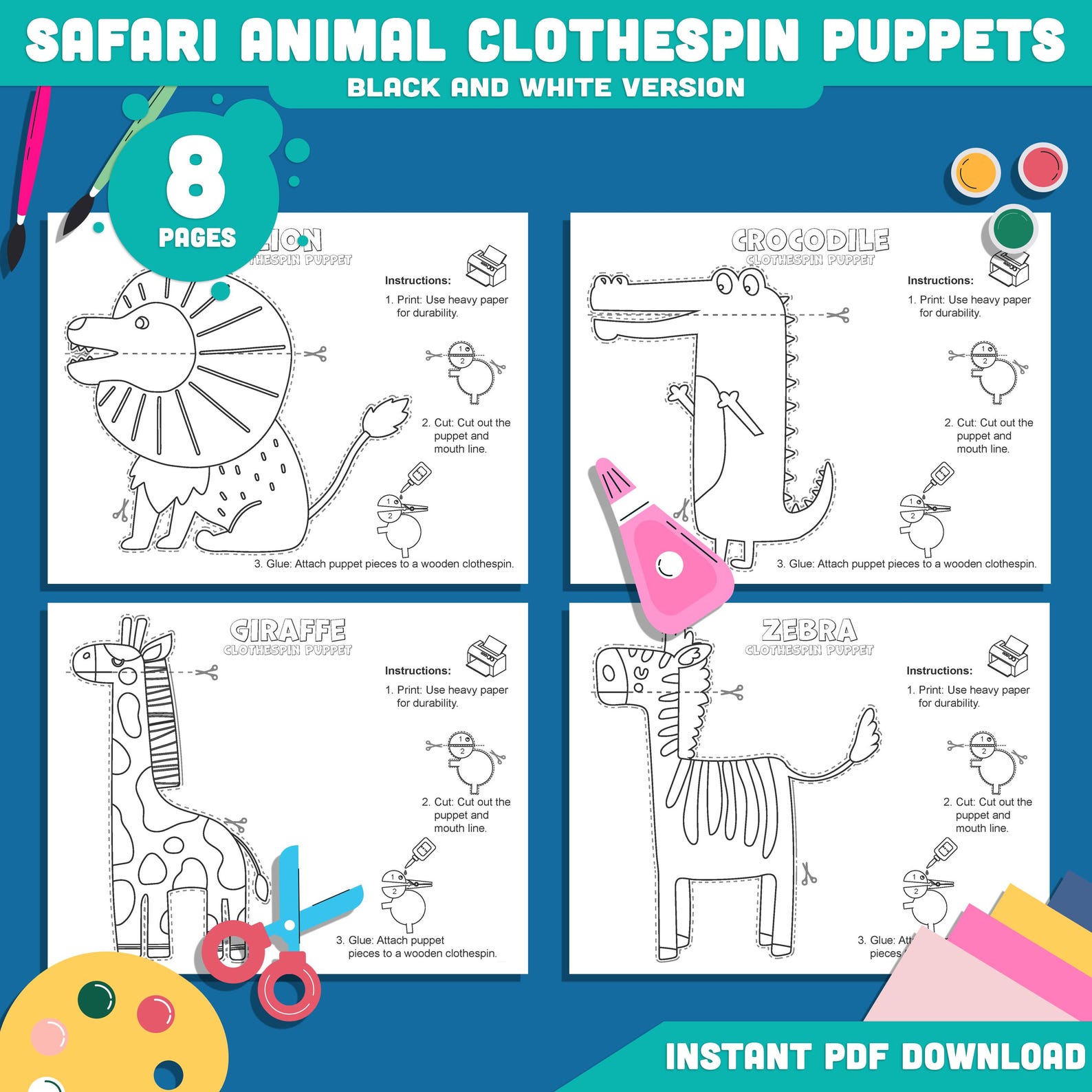 Safari Animal Clothespin Puppets for Kids: 8 Pages, 4 Unique Designs ...