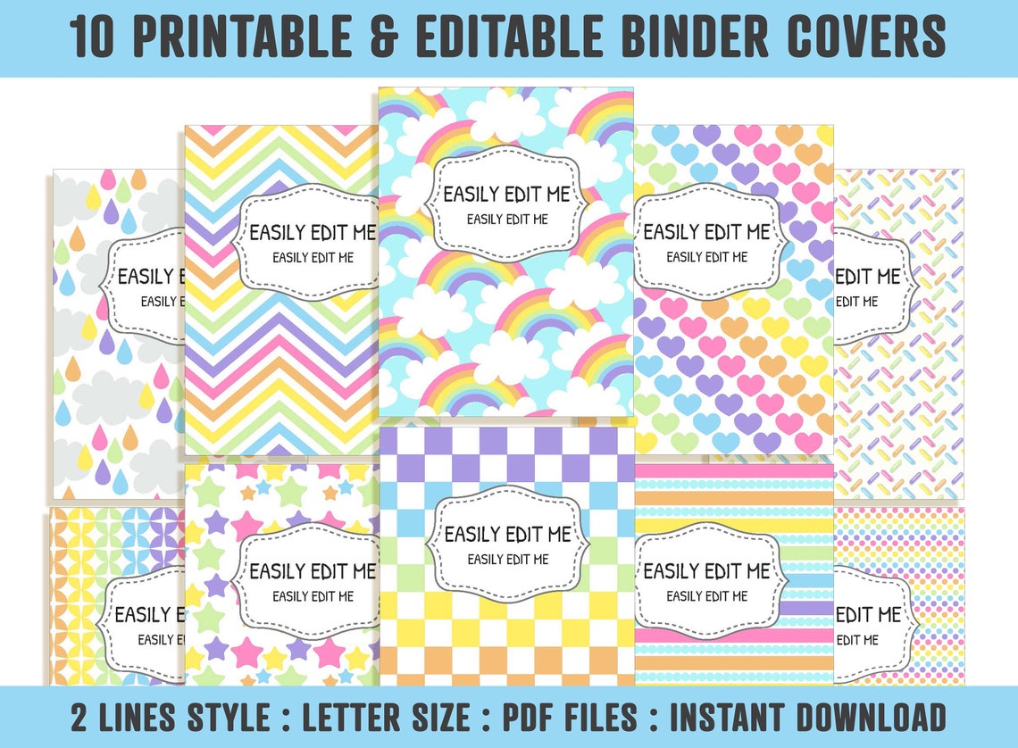 Sweet Rainbow Binder Cover, 10 Printable & Editable Binder Covers ...