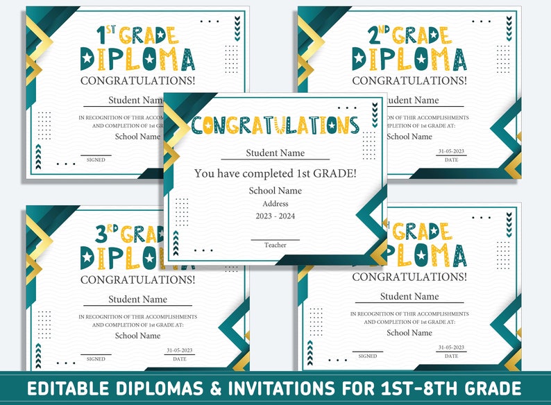 Editable 6th Grade Graduation, 1st to 8th Grade Diploma, Certificate of ...