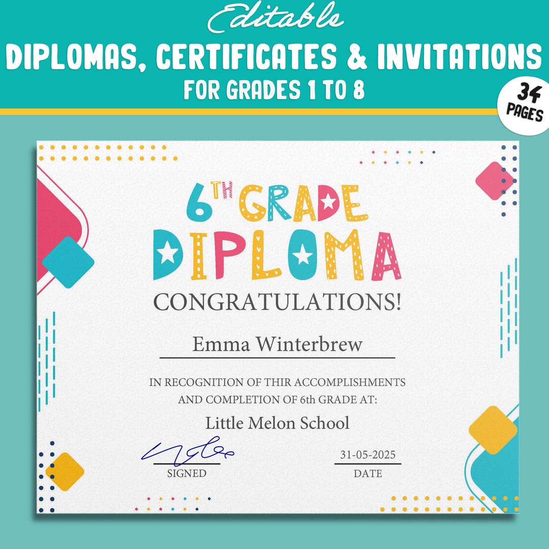 Editable 6th Grade Certificate, 1st to 8th Grade Diploma, Certificate ...