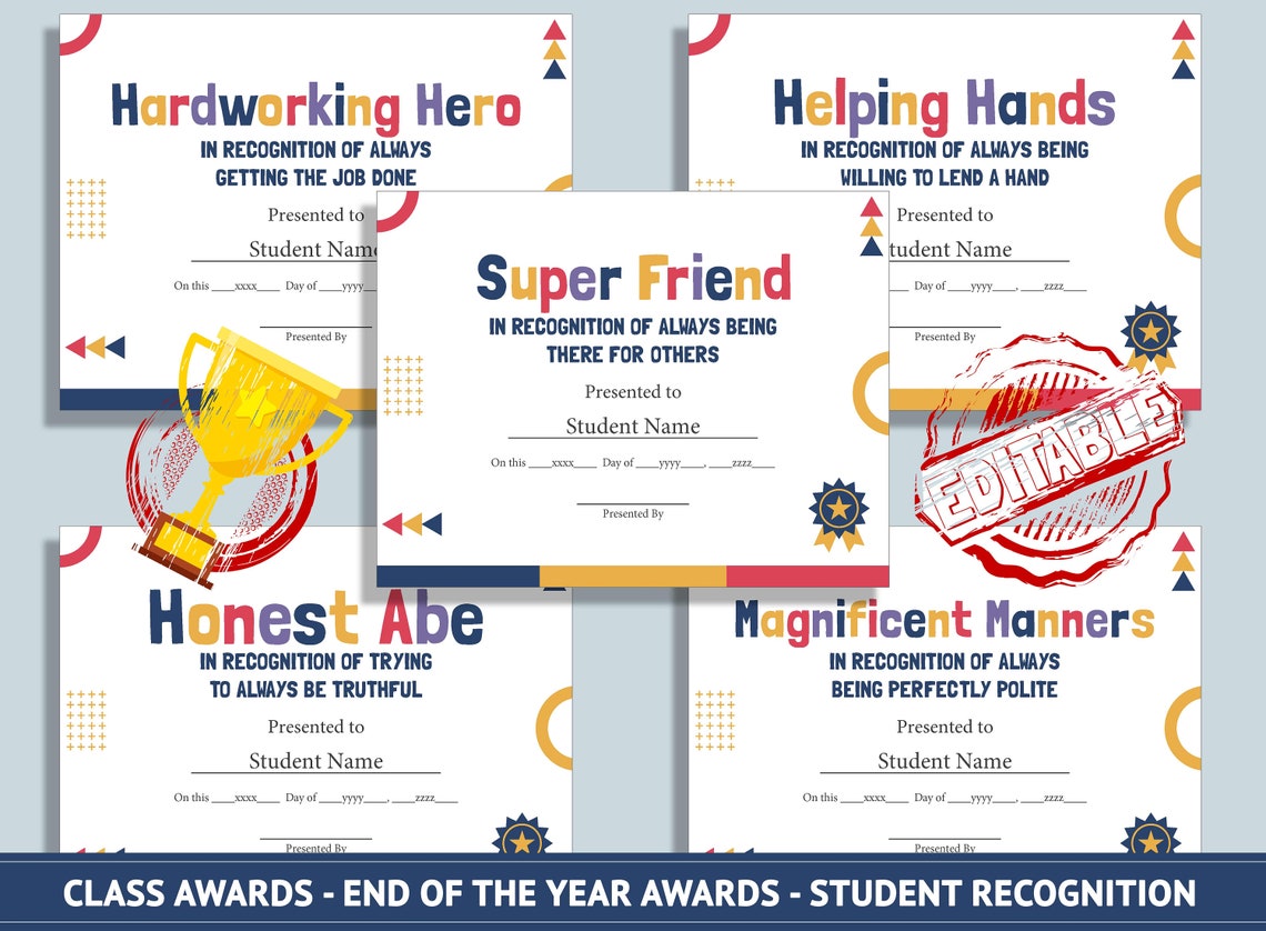 Editable Classroom Awards for Middle and High School Students, End of ...