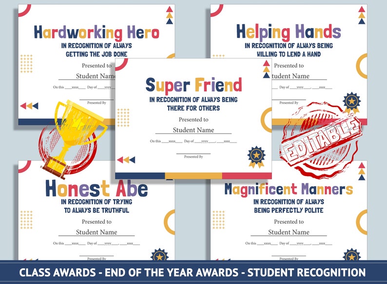 Editable Classroom Awards for Middle and High School Students, End of ...