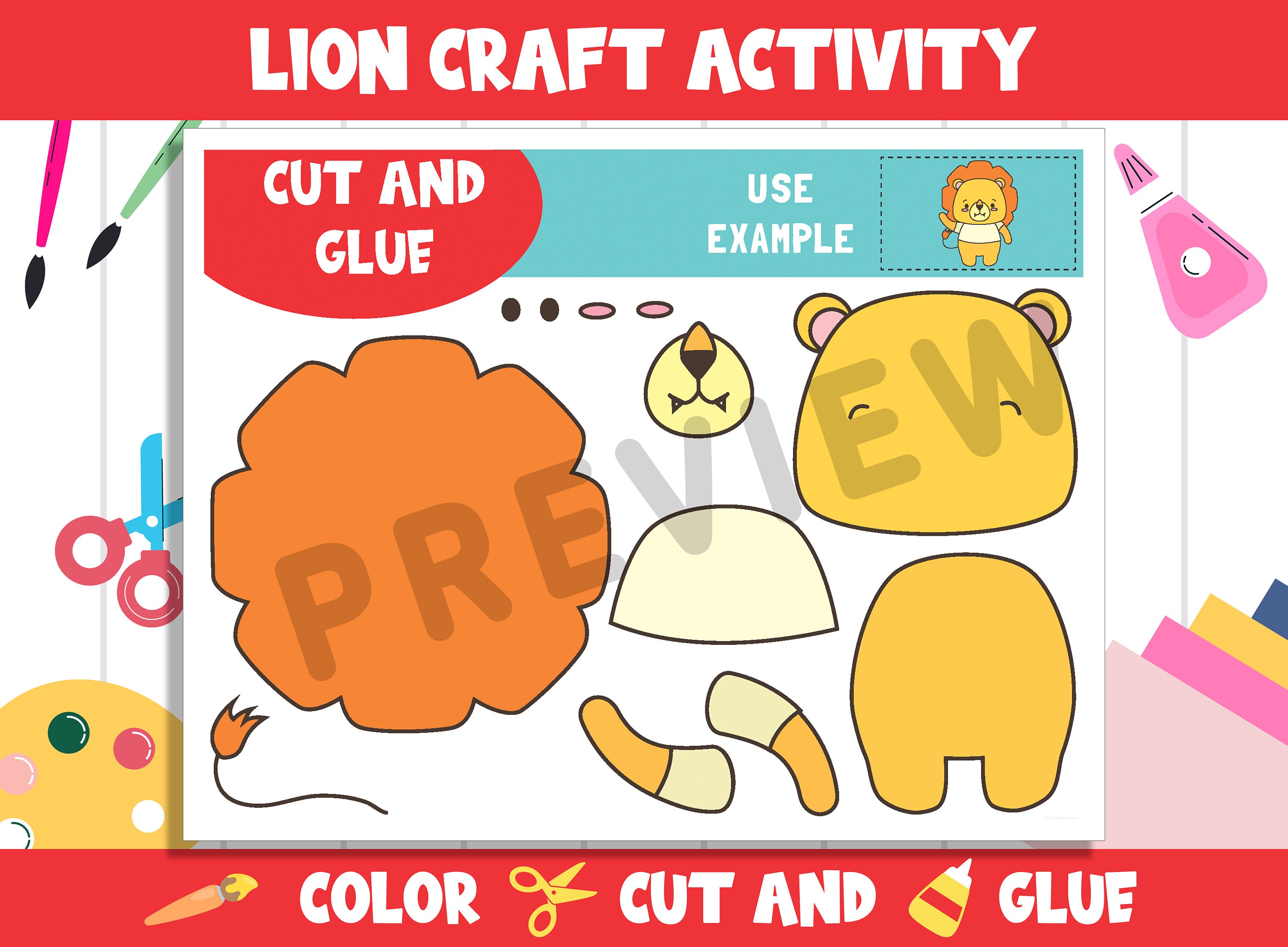 Cute Lion Craft Activity Color, Cut, and Glue for Prek to 2nd Grade ...