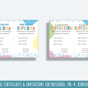 Kindergarten Certificates Completion Diploma and Invitations, Editable ...