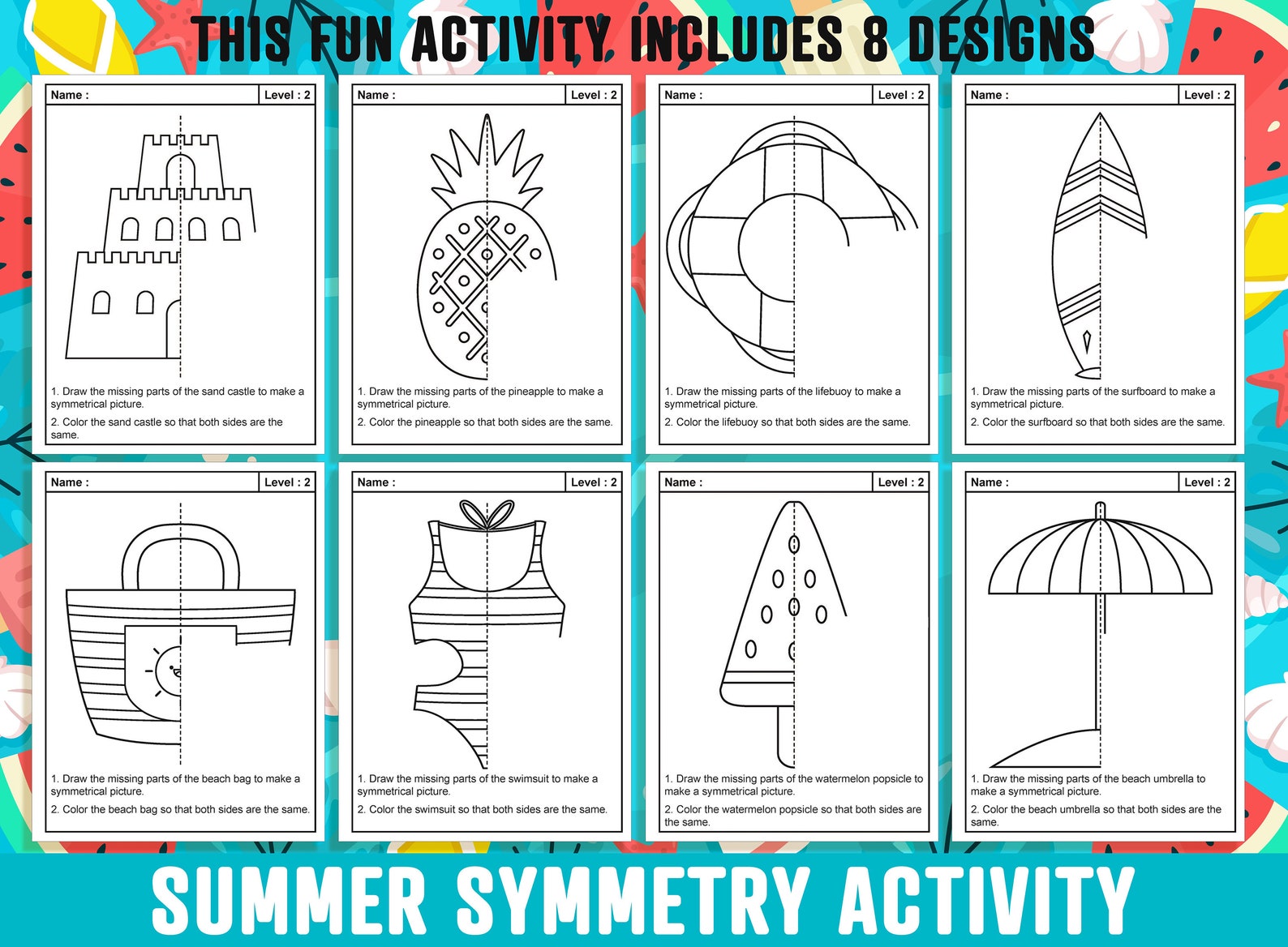 Summer Symmetry Worksheet Summer Math Lines of Symmetry Art - Etsy