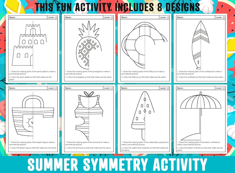Summer Symmetry Worksheet Summer Math Lines of Symmetry Art - Etsy
