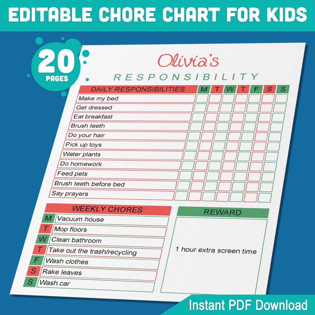 20-page Editable Chore Chart for Kids: Daily/weekly Responsibility and ...