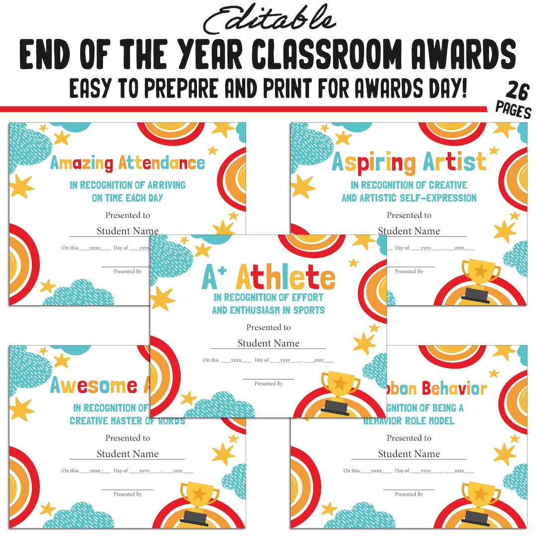 Editable, Fun, Unique End-of-year Class Awards for Students, 26 Pages ...