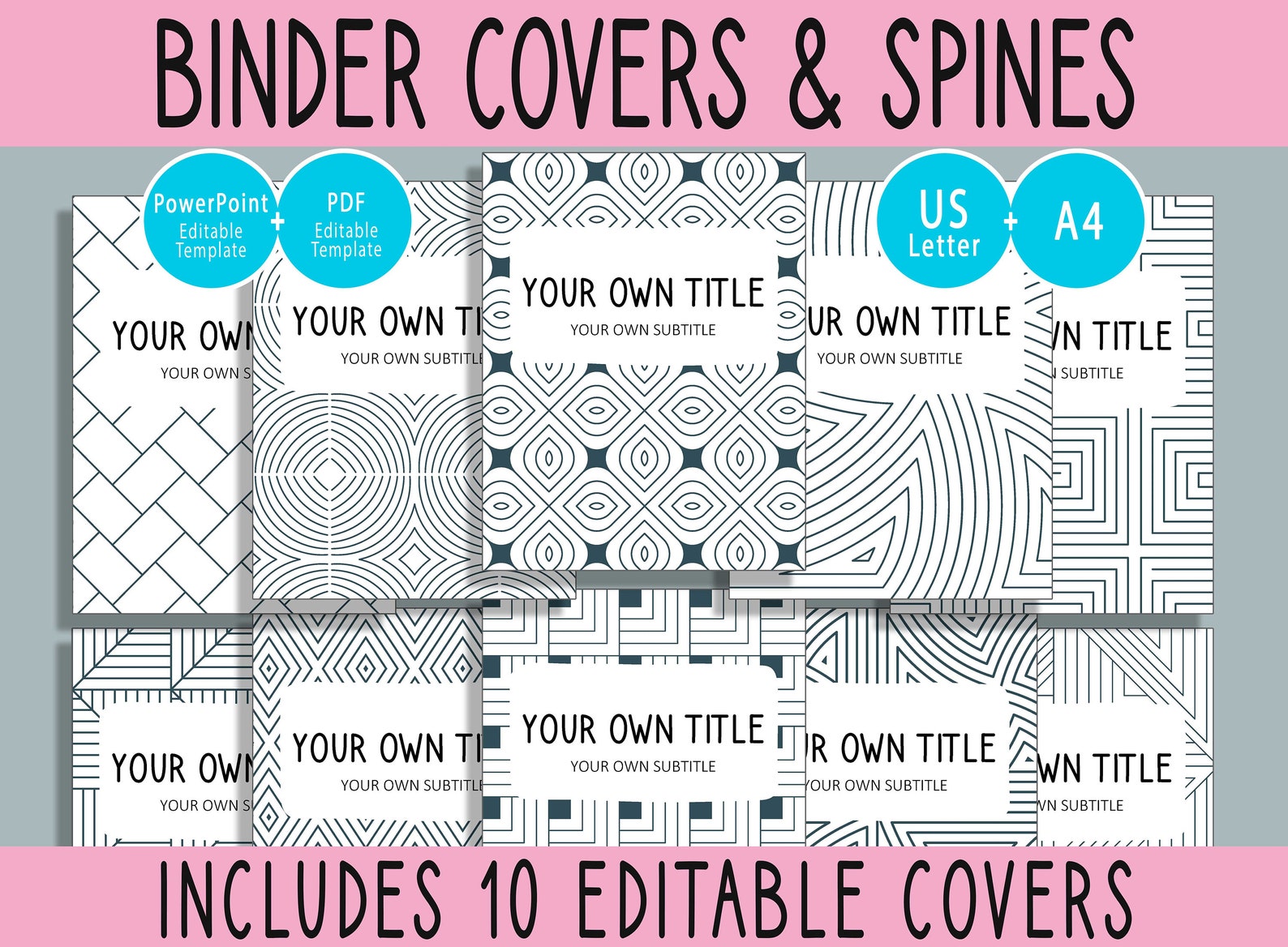 10 Editable Abstract Line Binder Covers, Includes 1, 1.5, 2 Spines ...