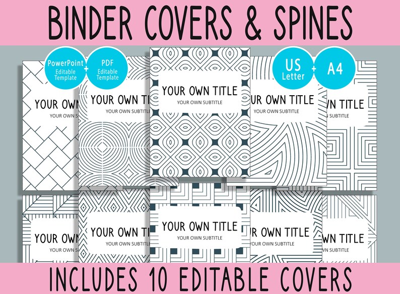10 Editable Abstract Line Binder Covers, Includes 1, 1.5, 2 Spines ...