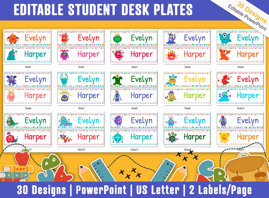 Student Desk Plates, 30 Printable/editable Monster Classroom Name Tags ...