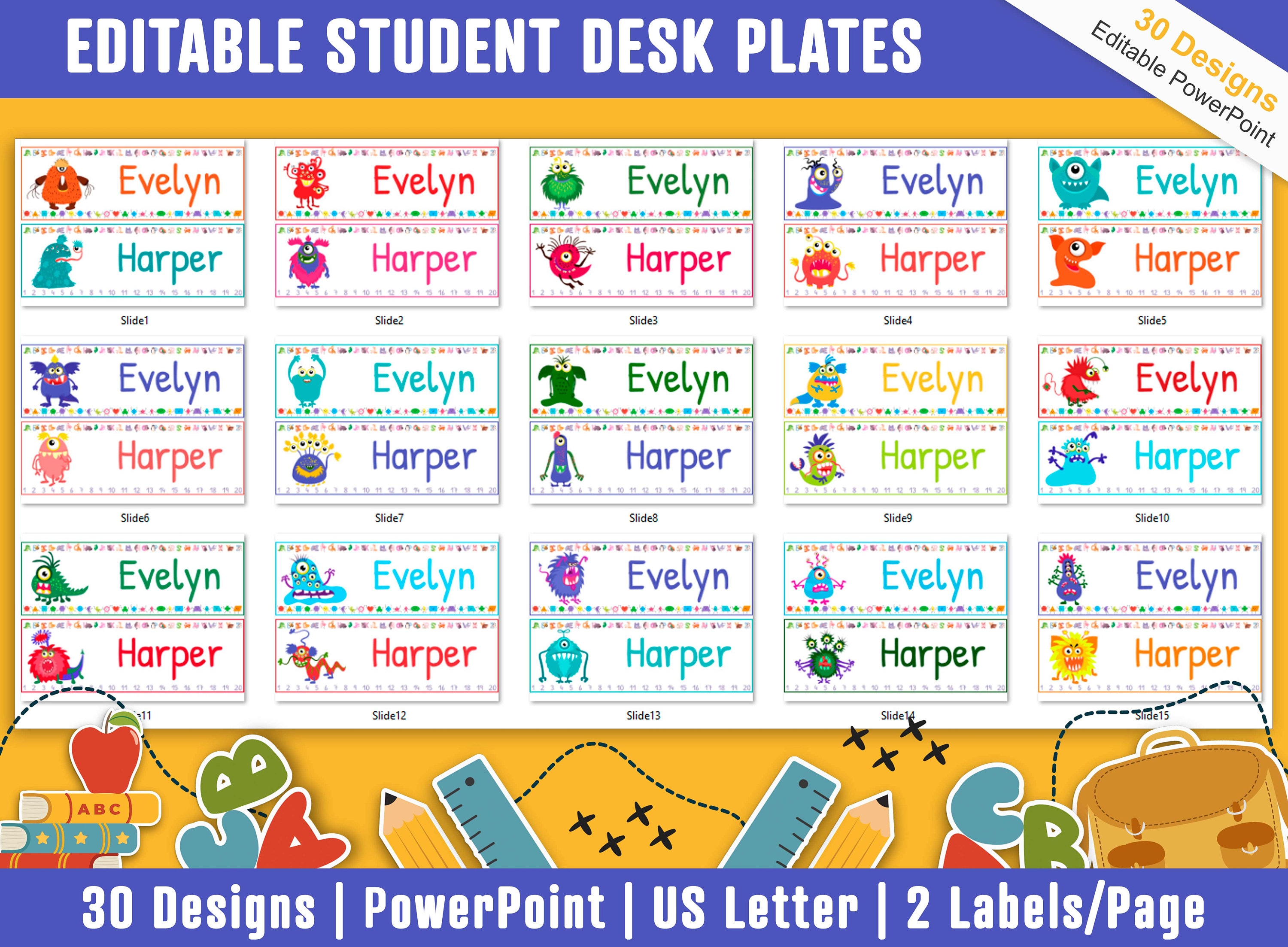 Student Desk Plates, 30 Printable/editable Monster Classroom Name Tags ...