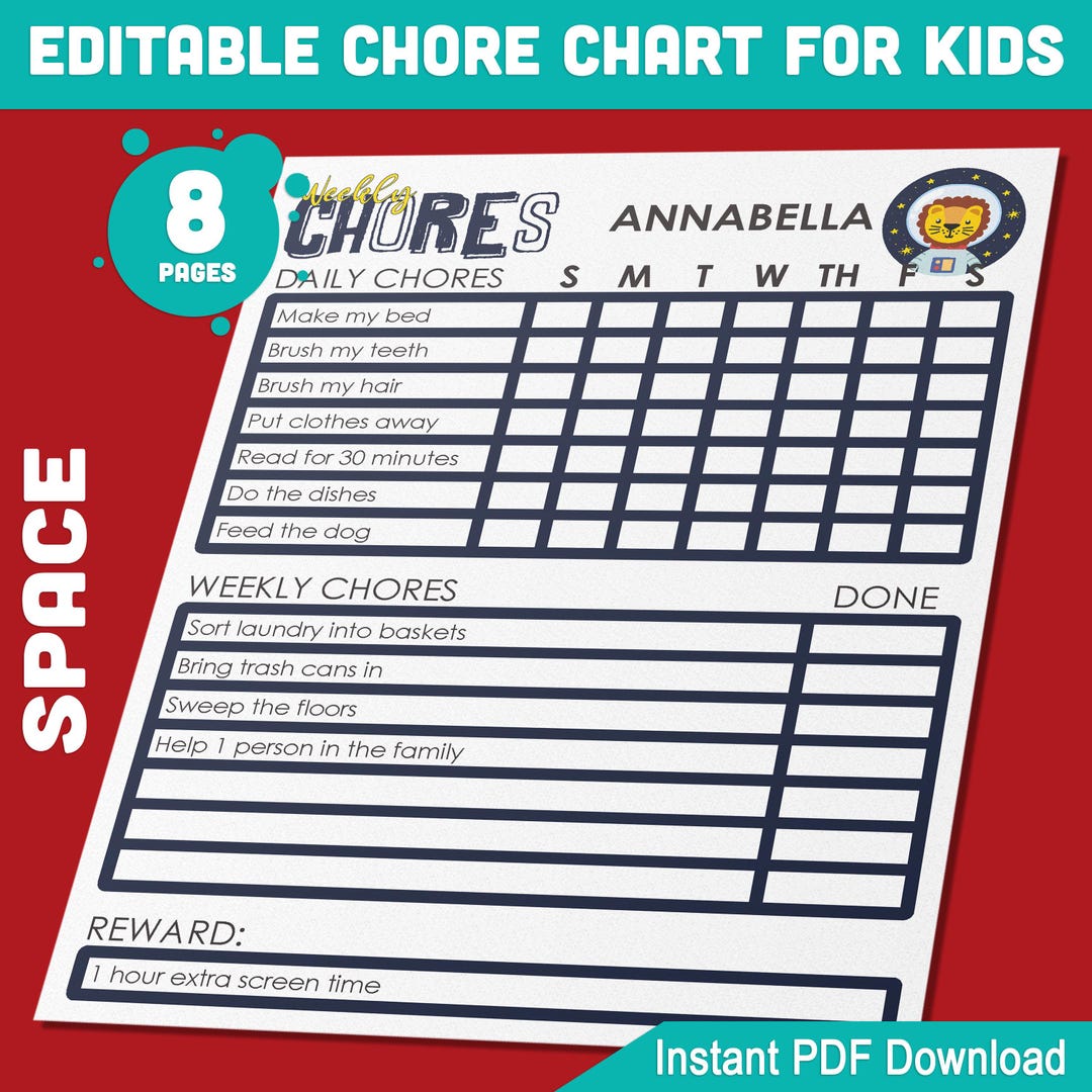 Editable Space Chore Chart for Kids, 8 Pages Printable, Fun ...