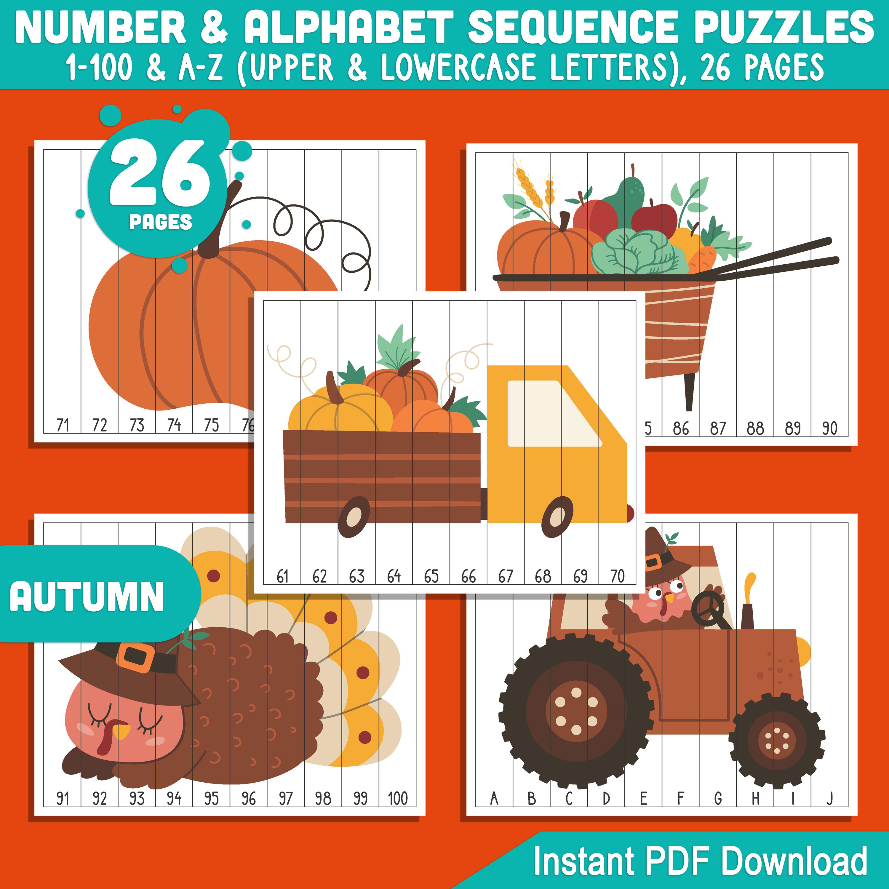 Autumn Number and Alphabet Sequence Puzzles: 1-100 and A-Z Printable ...