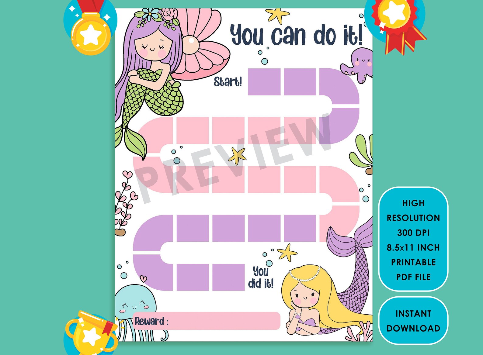 Printable Mermaid Reward Chart for Kids, a Way of Guiding Children ...