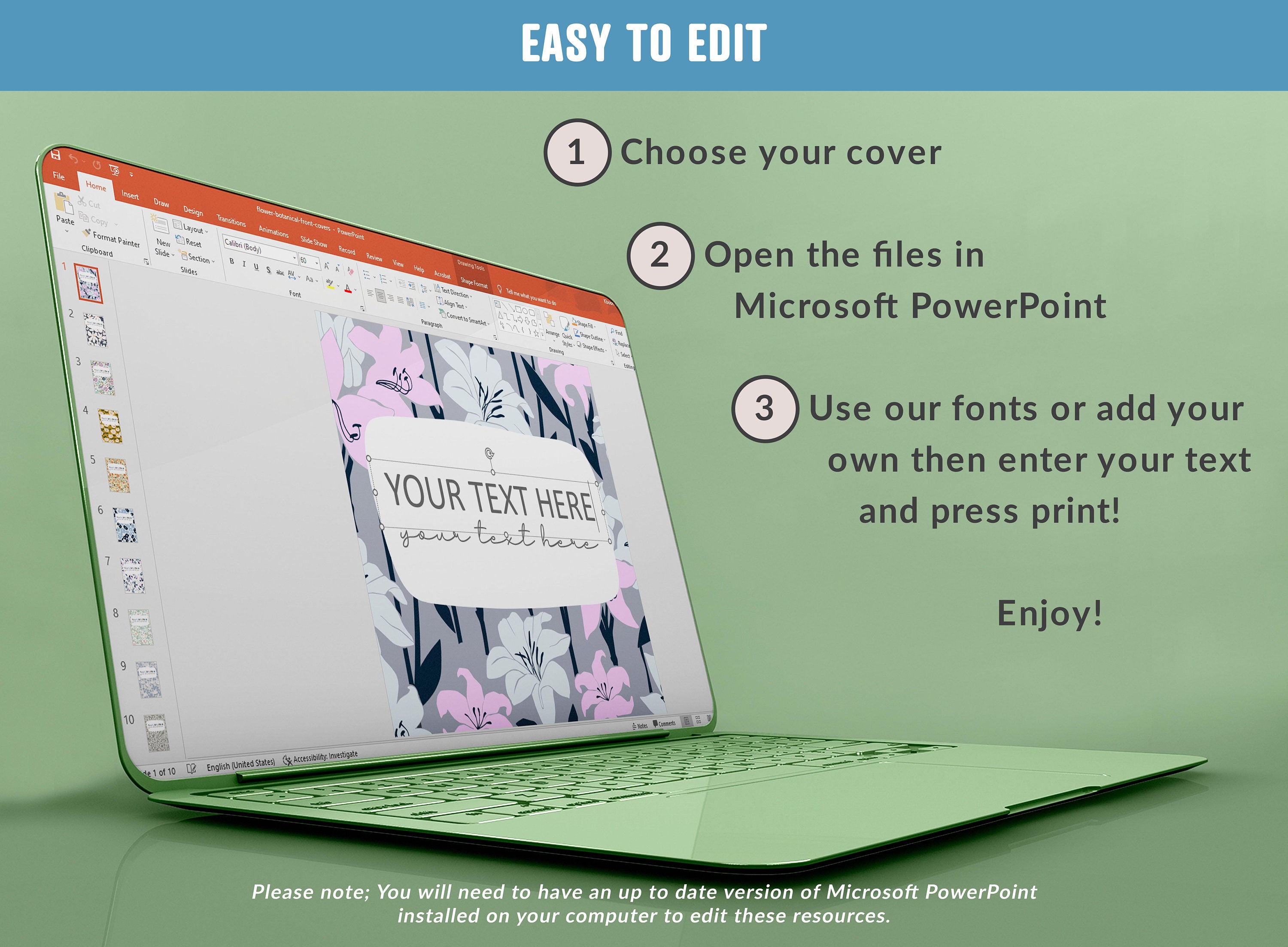 Powerpoint Binder Covers, 10 Printable/editable Flower Botanical Covers ...