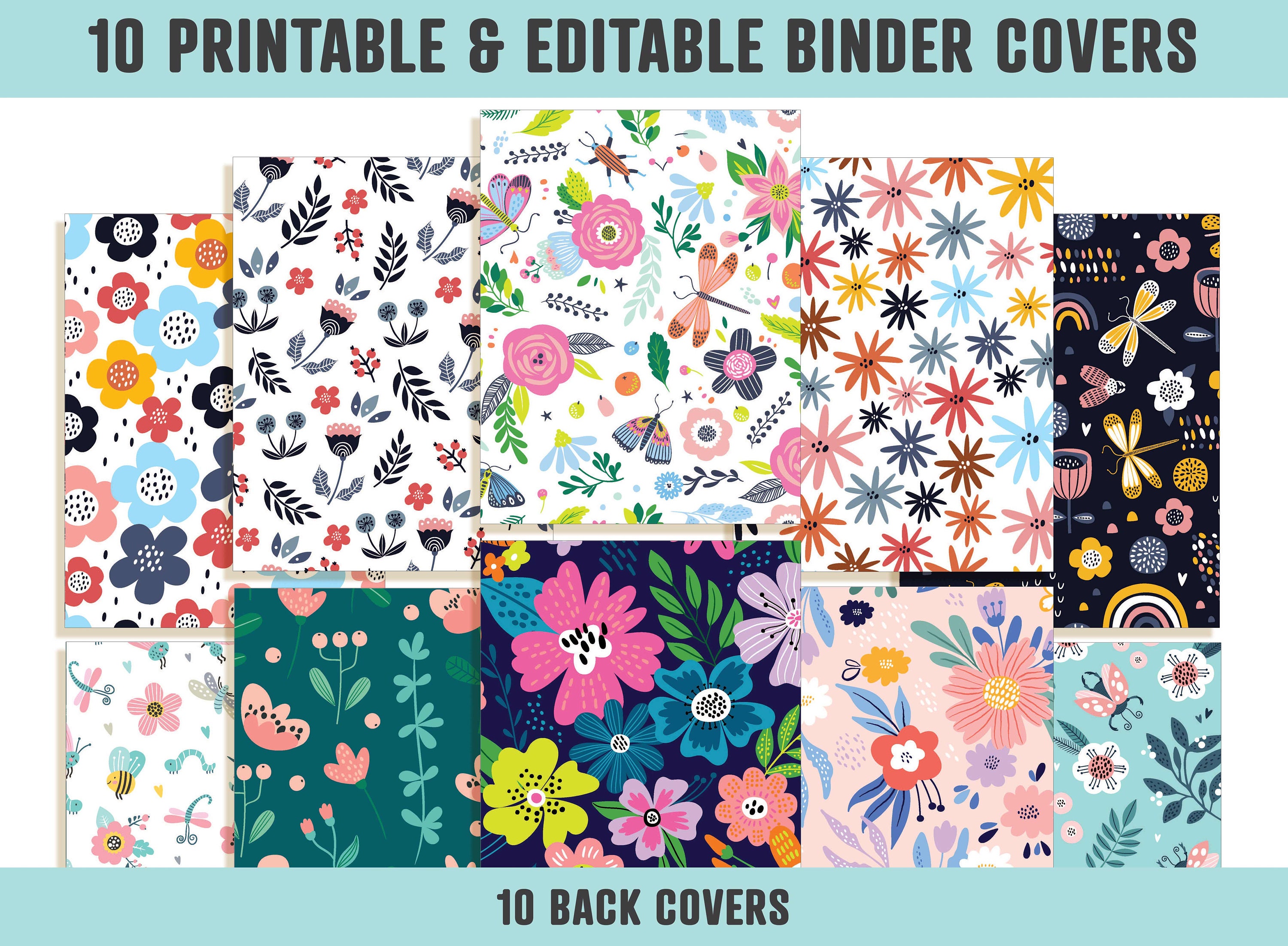 Binder Cover and Spine, 10 Printable/editable Covers + Spines Binder ...