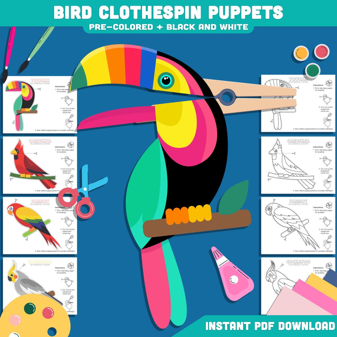 Bird Clothespin Puppet Set: Fun Kids’ Craft With 4 Designs – Toucan ...