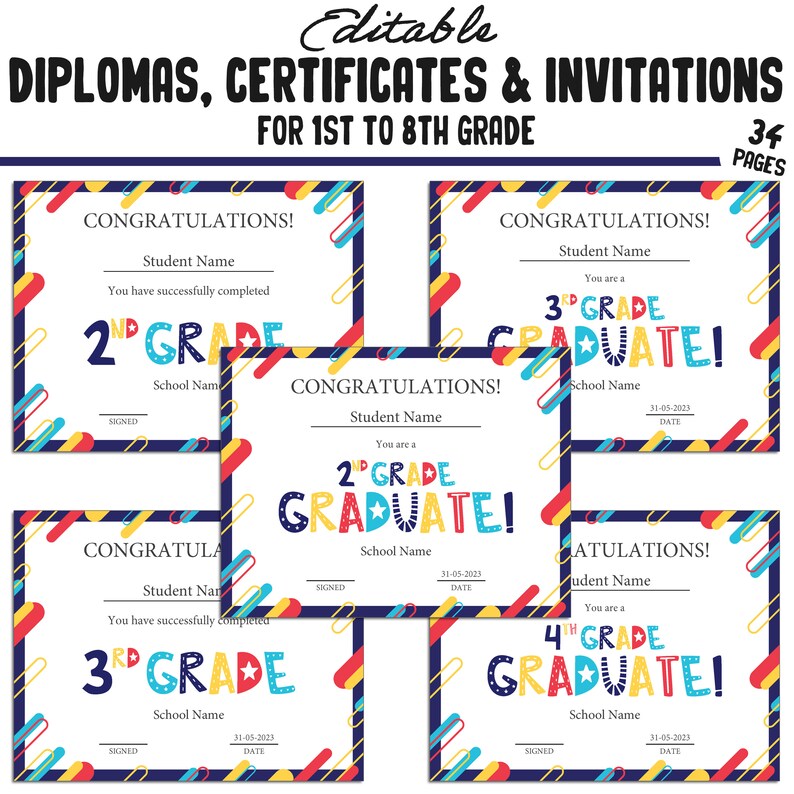 Editable 6th Grade Diplomas, 1st-8th Grade Certificates & Invitation ...