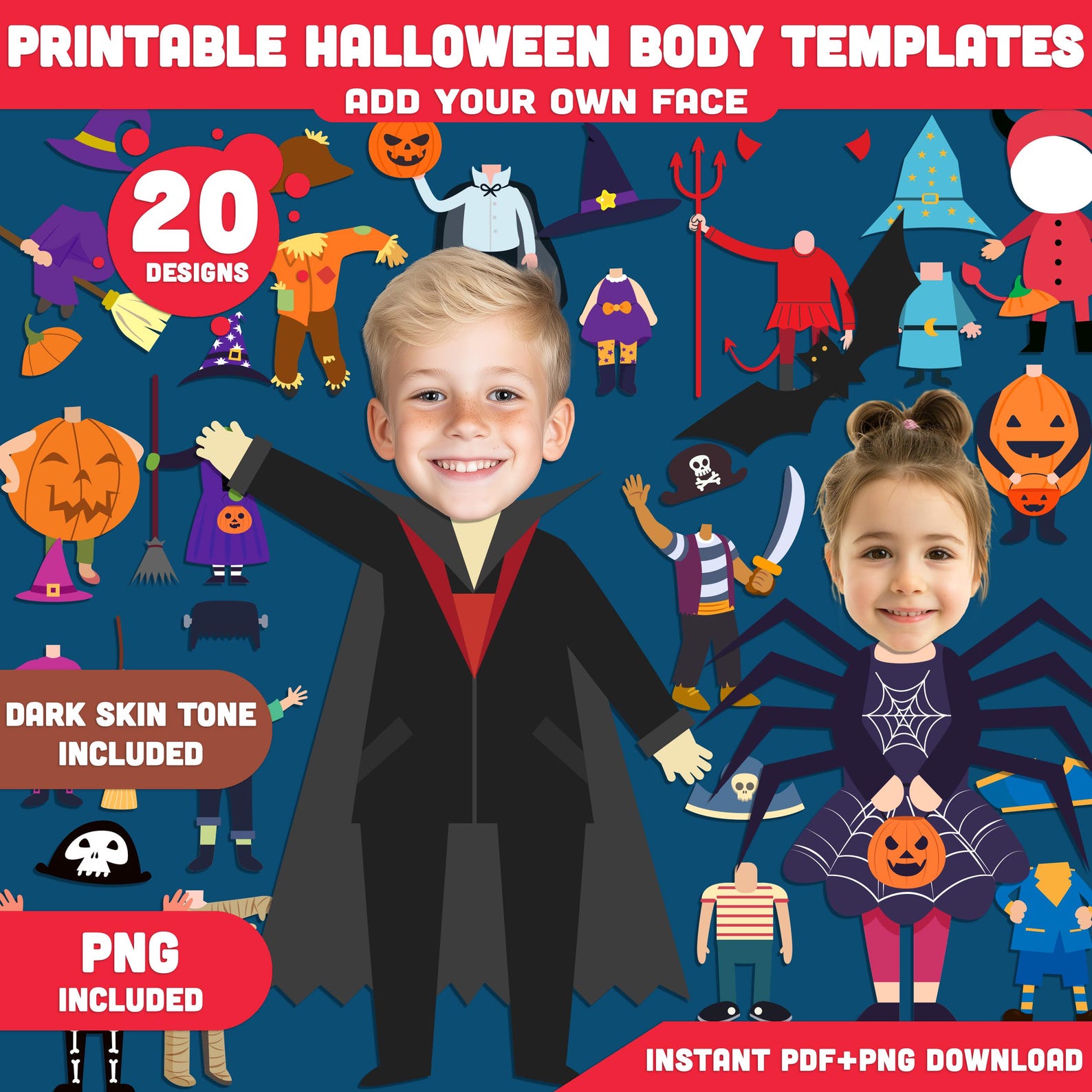 Printable Halloween Body Templates for Kids, 20 Light + 20 Dark Skin ...