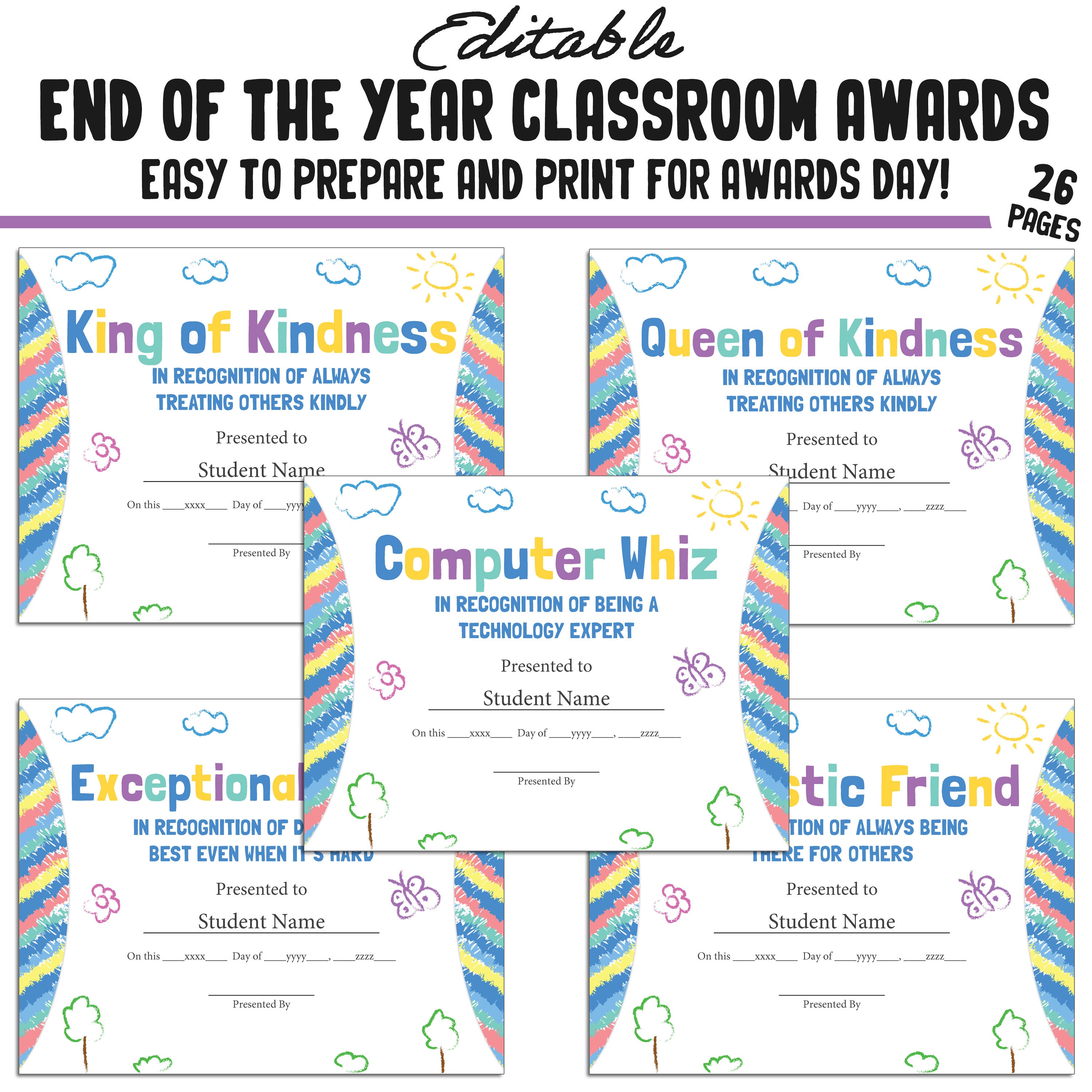 Editable End of Year Awards for Students, 26 Pages, PDF, Instant ...