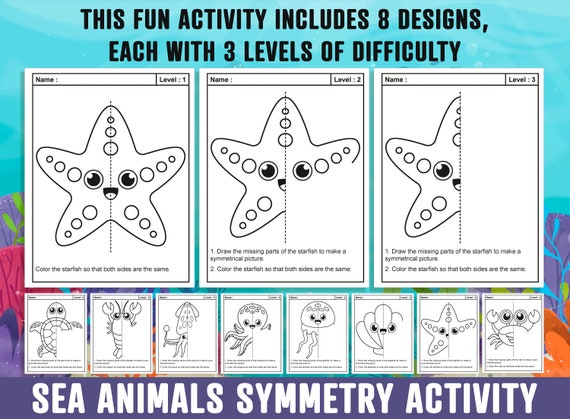 Sea Animals Symmetry Worksheet Sea Animals Theme Lines of | Etsy