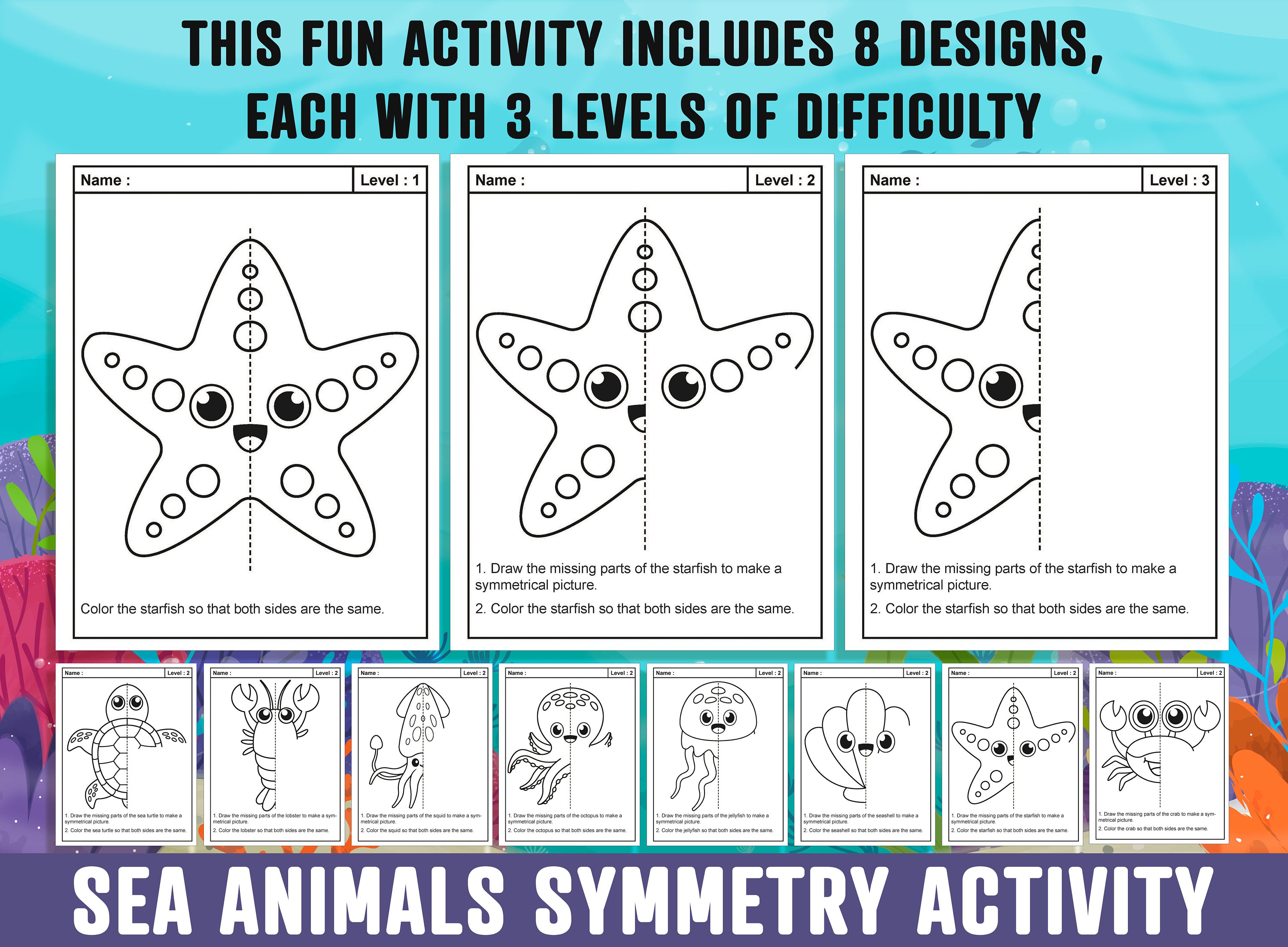 Sea Animals Symmetry Worksheet, Sea Animals Theme Lines of Symmetry ...