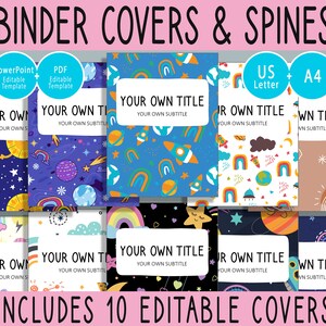 10 Editable Rainbow and Space Binder Covers, Includes 1, 1.5, 2" Spines ...