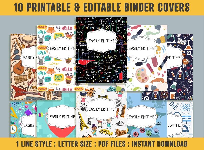 Subject Binder Covers, 10 Printable & Editable Binder Coversspines ...