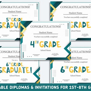Editable 6th Grade Graduation, 1st to 8th Grade Diploma, Certificate of ...