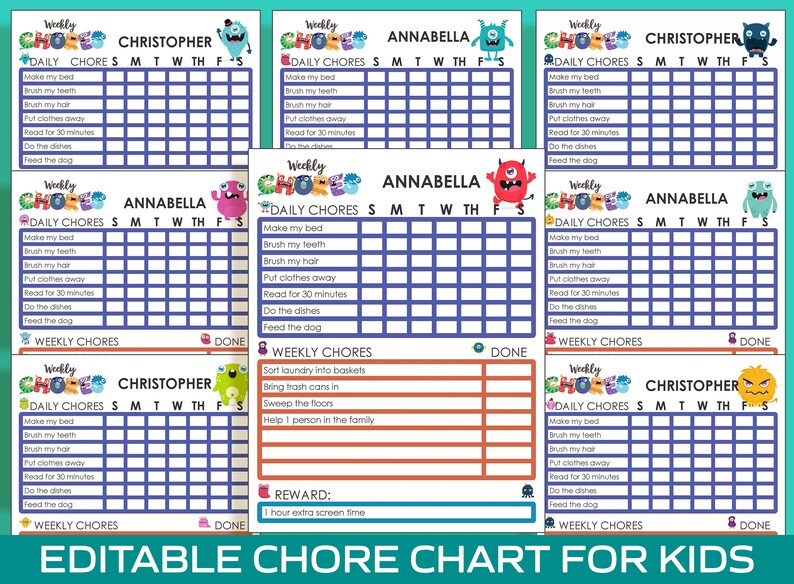 Monster-themed Chore Chart for Kids – Fun and Editable Responsibility ...