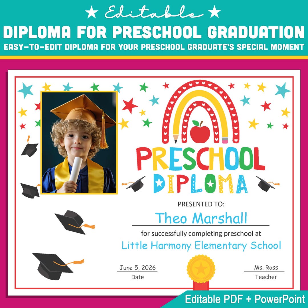 Editable Preschool Moving up Diploma With Student Photo, Rainbow ...