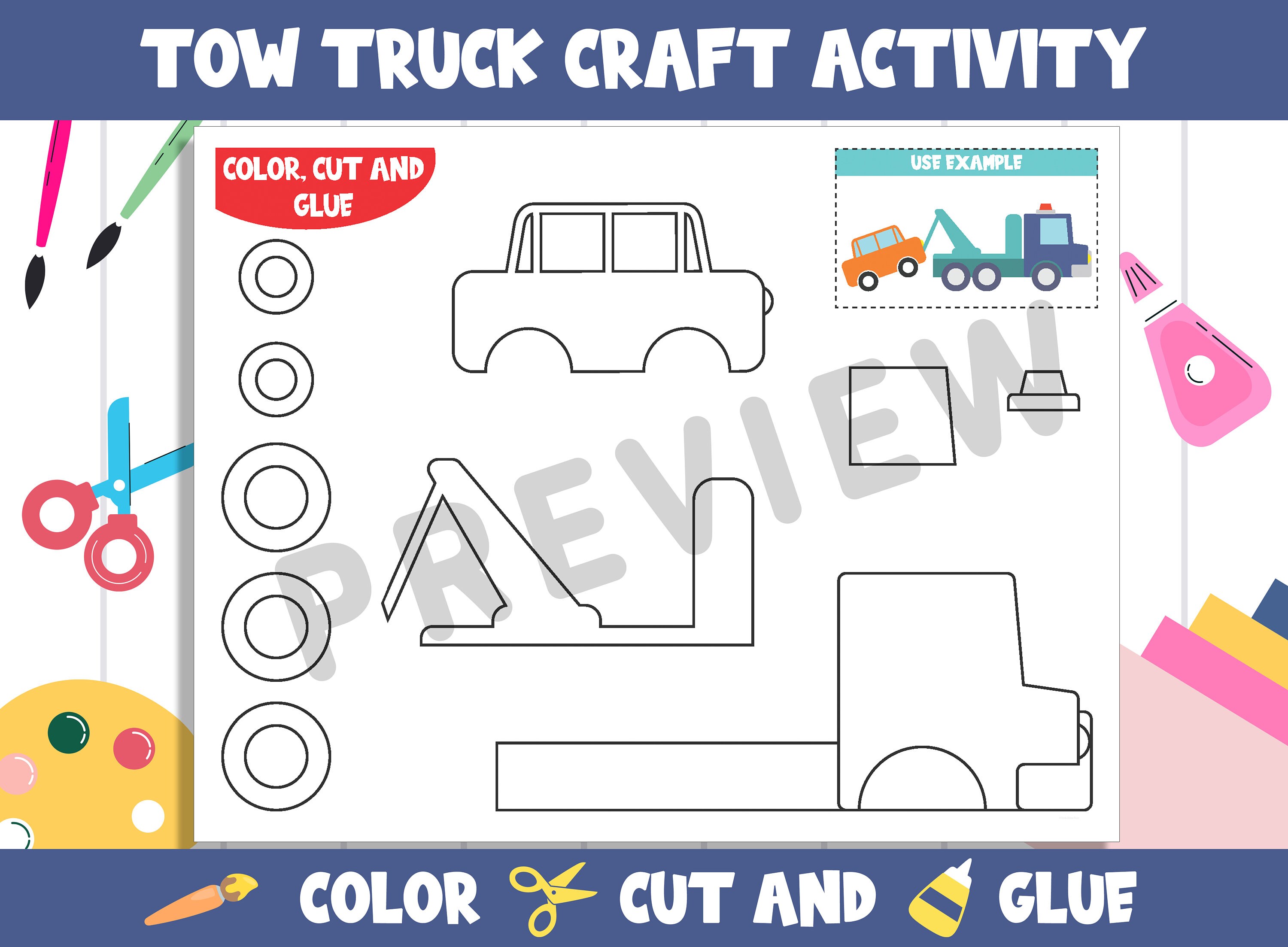 Tow Truck Craft Activity Color, Cut, and Glue for Prek to 2nd Grade ...