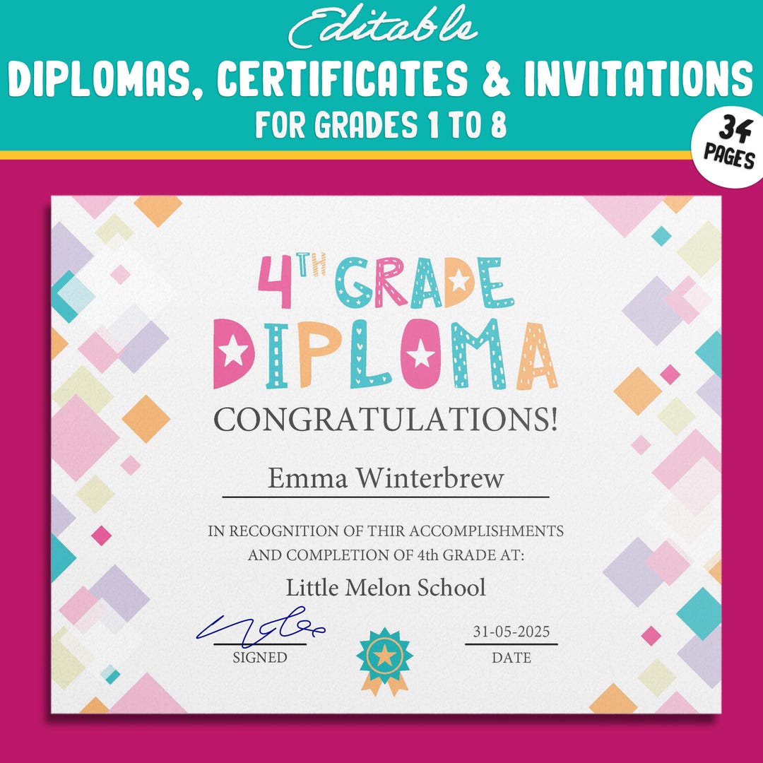 Editable 4th Grade Diploma, 1st to 8th Grade Diploma, Certificate of ...