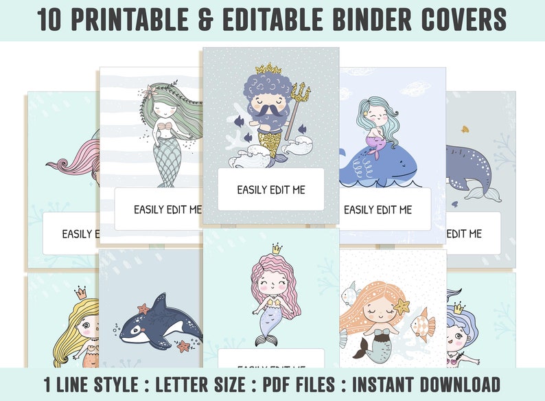 Mermaid Binder Cover, 10 Printable & Editable Covers+spines, Binder ...