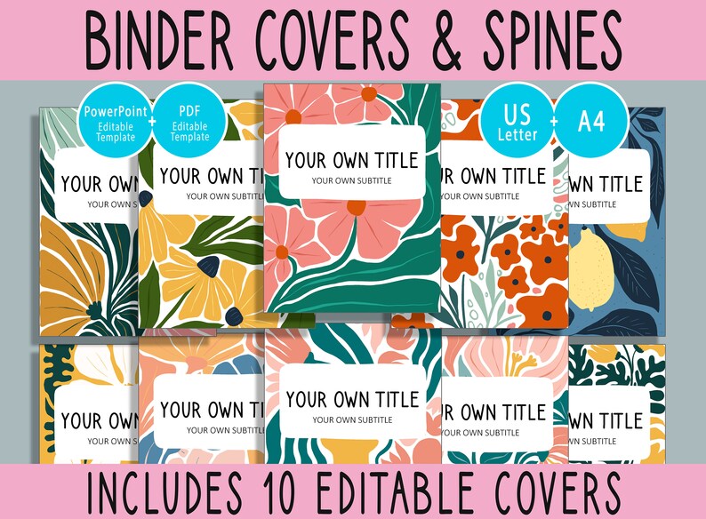 10 Editable Abstract Floral Binder Covers, Includes 1, 1.5, 2 Spines ...