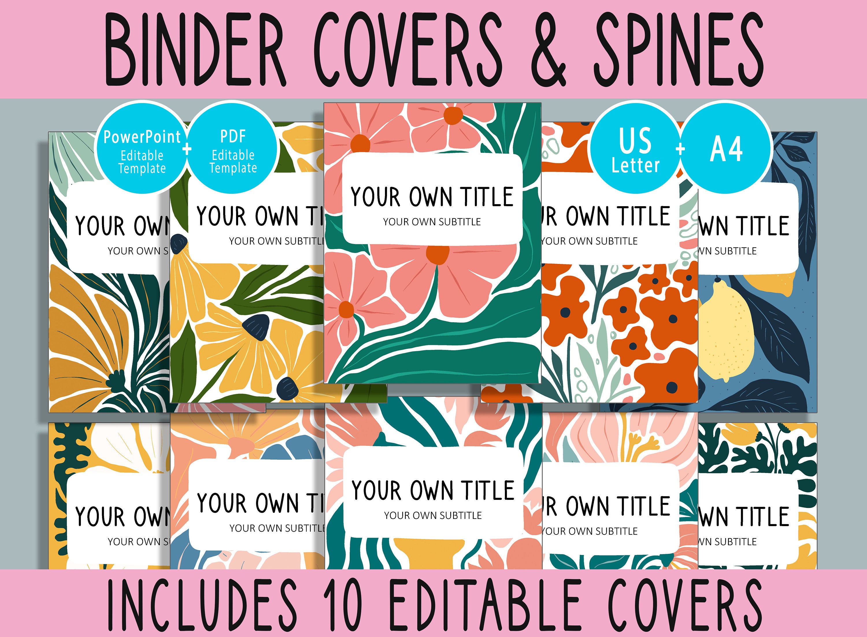 10 Editable Abstract Floral Binder Covers, Includes 1, 1.5, 2 Spines ...