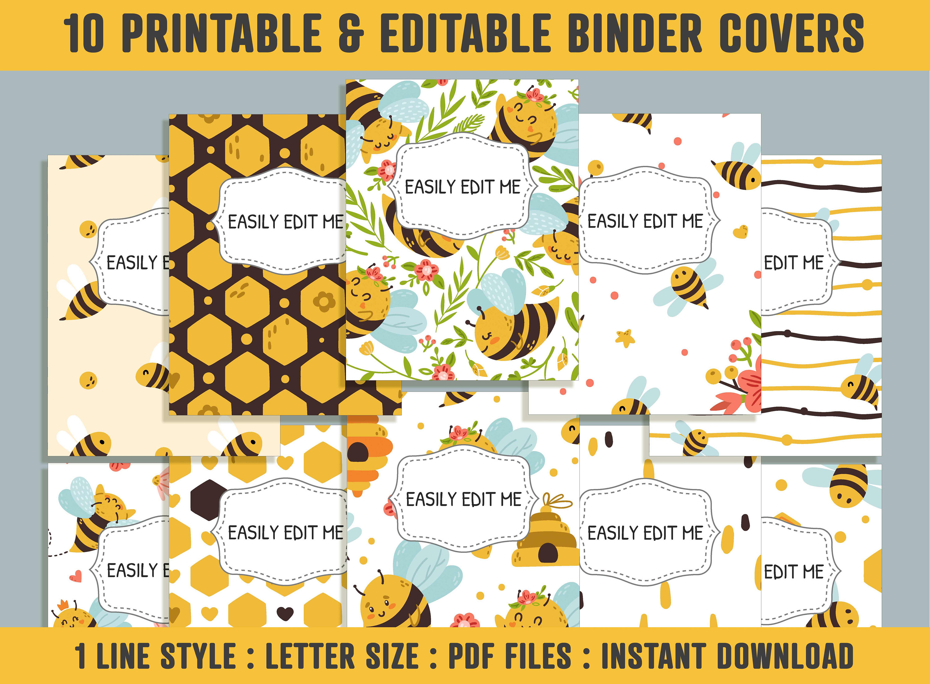 Honey Bee Binder Cover, 10 Printable & Editable Binder Covers + Spines ...