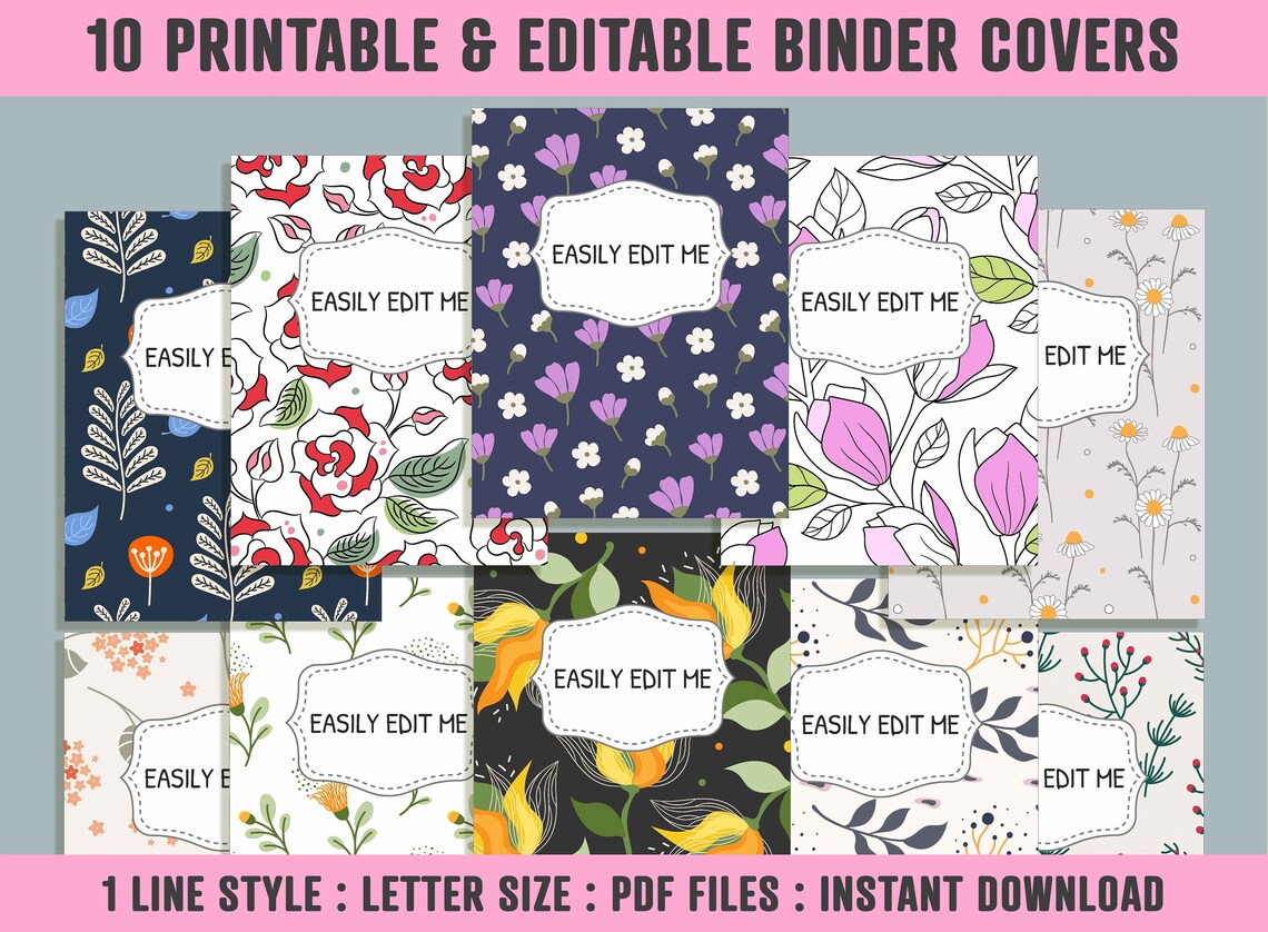 Floral Leaves and Geometric Shapes Binder Cover, 10 Printable/editable ...