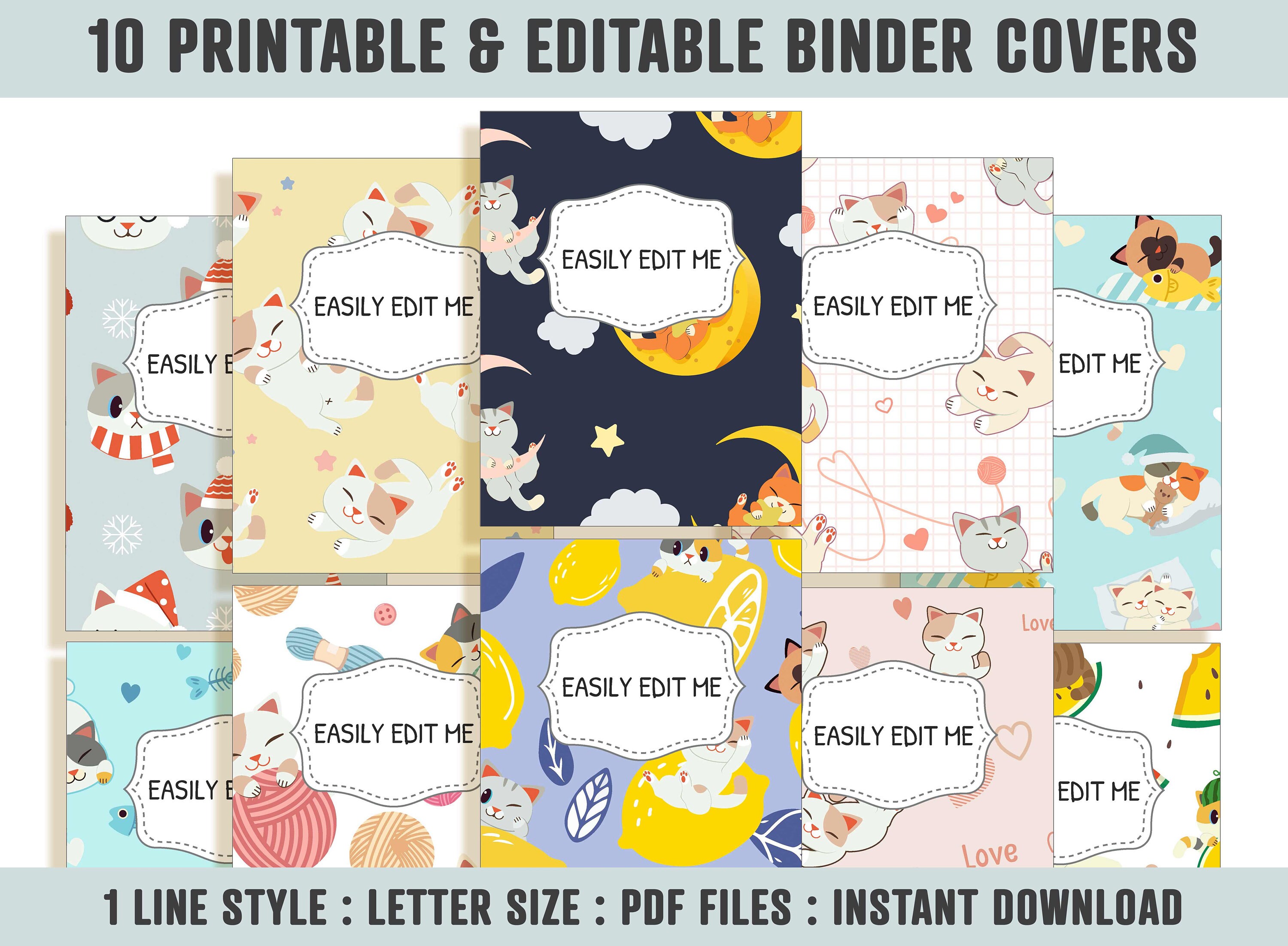 Cat Binder Cover, 10 Printable/editable Coversspines, Teacher/school ...