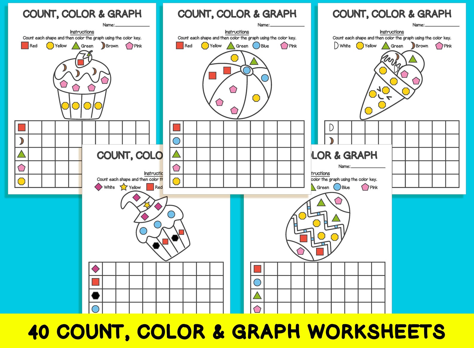 40 Count Color & Graph Worksheets Count and Graph Shapes - Etsy